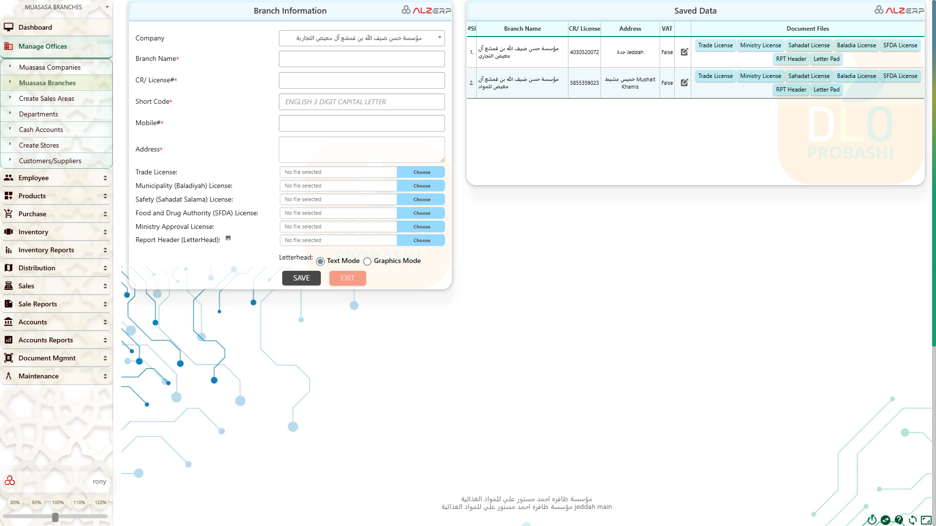Branch Info - ALZERP Knowledgebase